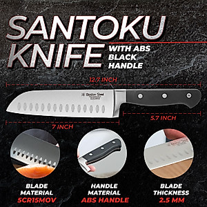 Boston Steel Santoku Knife 7 Inch 5CrMoV Carbon Stainless Steel Sharp Full Tang Chopping Kitchen Knife with ABS Ergonomic Handle Design, Gifts for Men and Women, Kitchen Knives in Premium Gift Box