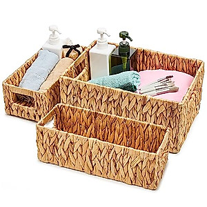 EZOWare Natural Water Hyacinth Baskets, Set of 3 Woven Wicker Rectangular Storage Organizer Bin Boxes with Handles for Closet Toys Clothes Kids Room Nursery - 2 Sizes
