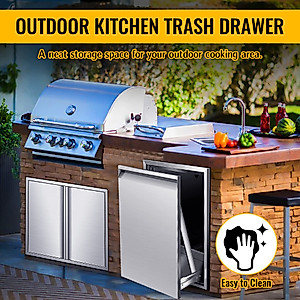 KODOM Built-in Single Trash Drawer 17" W x 23" H x 16" D, Pull-Out Tray Outdoor Kitchen Stainless Steel Trash Drawer with Handle Storage Trash Bins or Propane Tank for BBQ Island Grill Station