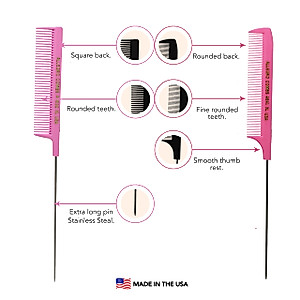 Allegro Combs XL Pintail Rat Tail Combs Parting Combs Metal Tail Foiling Combs Pin Combs 2 Pc. (PINK)