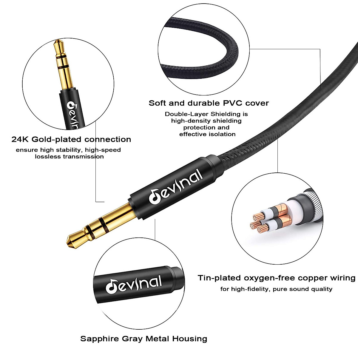 Devinal 1/8 to 1/4 Stereo Cable, 6.35mm to 3.5mm TRS Audio Path Cord, Interconnect Adapter Lead with Extra Durable Nylon Braid Gold Plated 10 Feet