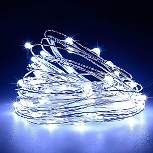 WSgift 4 Pack 33Ft 100 Cool White Led Fairy Lights Battery Operated with Remote Control Timer Waterproof Silver Copper Wire Twinkle Lights