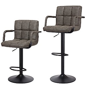 Finnhomy Bar Stools Set of 2 Counter Height, Swivel Barstools with Armrest and L Shape Thicken Cushion Back, Height Adjustable Modern Bar stools for Kitchen, Vintage Leather, Retro Grey