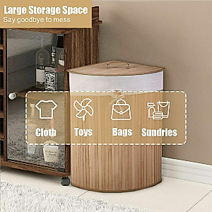 Giantex Corner Laundry Hamper with Lid, Bamboo Laundry Basket with Removable Liner and Handle, Clothes Basket for Cloth Organize, Clothes Storage Bin for Bedroom, Laundry, Living Room (Beige)