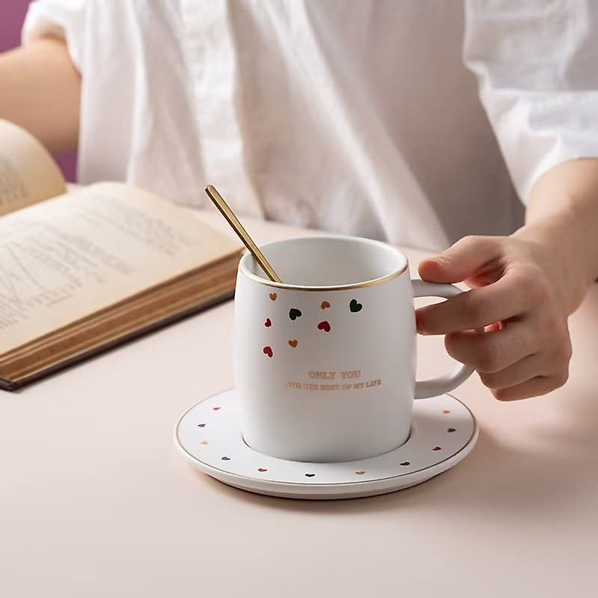 Namyuk 14 Oz Fine China Tea Cup Coffee Cup with Spoon and Saucer Set, Espresso Cups Coffee Mugs Tableware