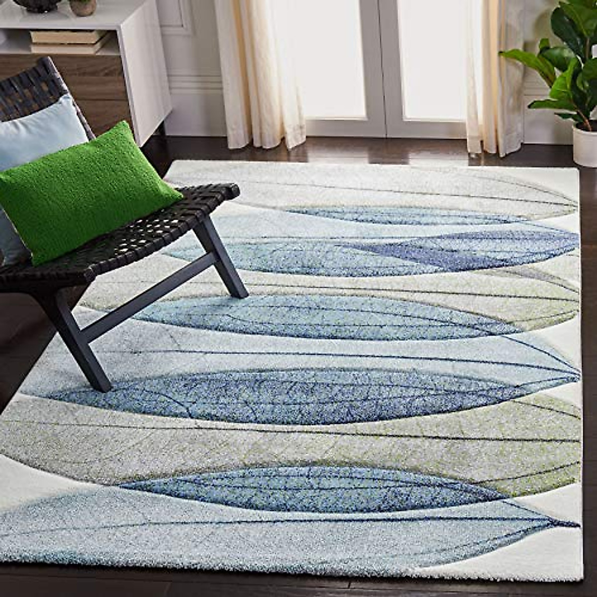 SAFAVIEH Hollywood Collection 9' x 12' Ivory/Blue HLW703A Mid-Century Modern Non-Shedding Living Room Bedroom Dining Home Office Area Rug