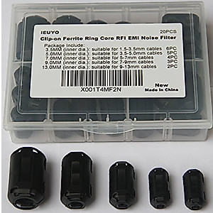 IEUYO Clip-on Ferrite Ring Cores EMI RFI Signal Noise Filter Noise Suppressor for HDMI USB POWER Cable Diameter 3mm/5mm/7mm/9mm/13mm,5Size,20PCS