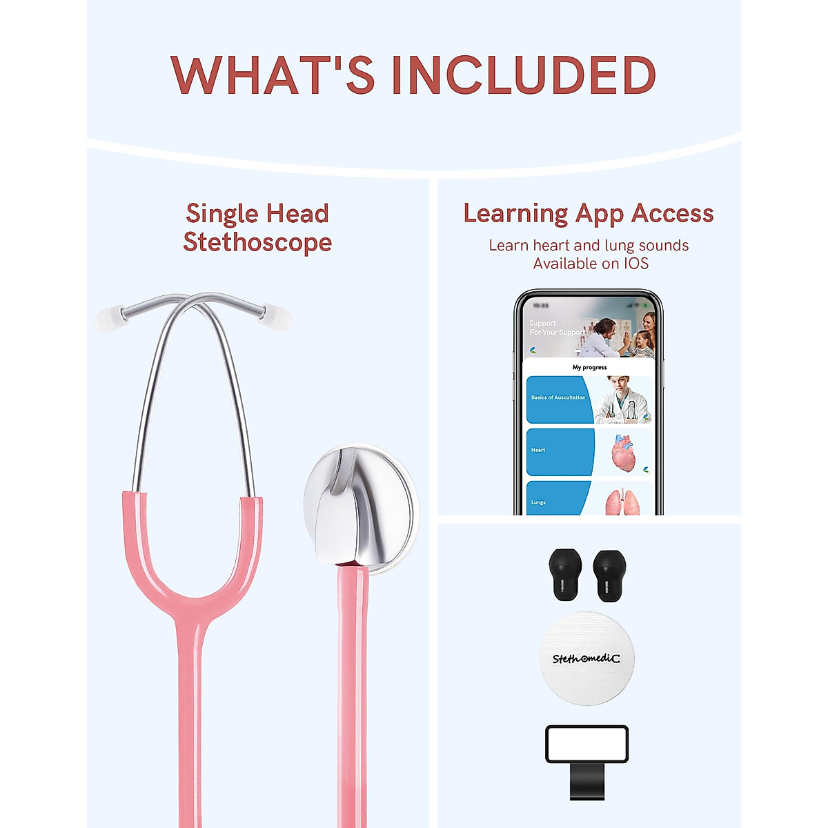 FriCARE Pink Single Head Stethoscope - Stethoscopes for Nurses Medical Nursing School Students - Estetoscopio Supplies for Study, StethoMedic Essentials, Ideal for Blood Pressure Monitoring, 30 inch