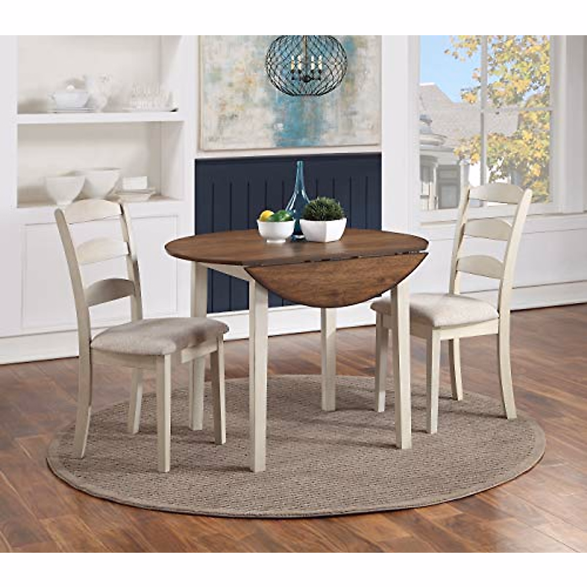 OSP Home Furnishings Murphy 3-Piece Drop-Leaf 42 Inch Round Dining Table and Chairs Set, Tobacco Top and Cream Base