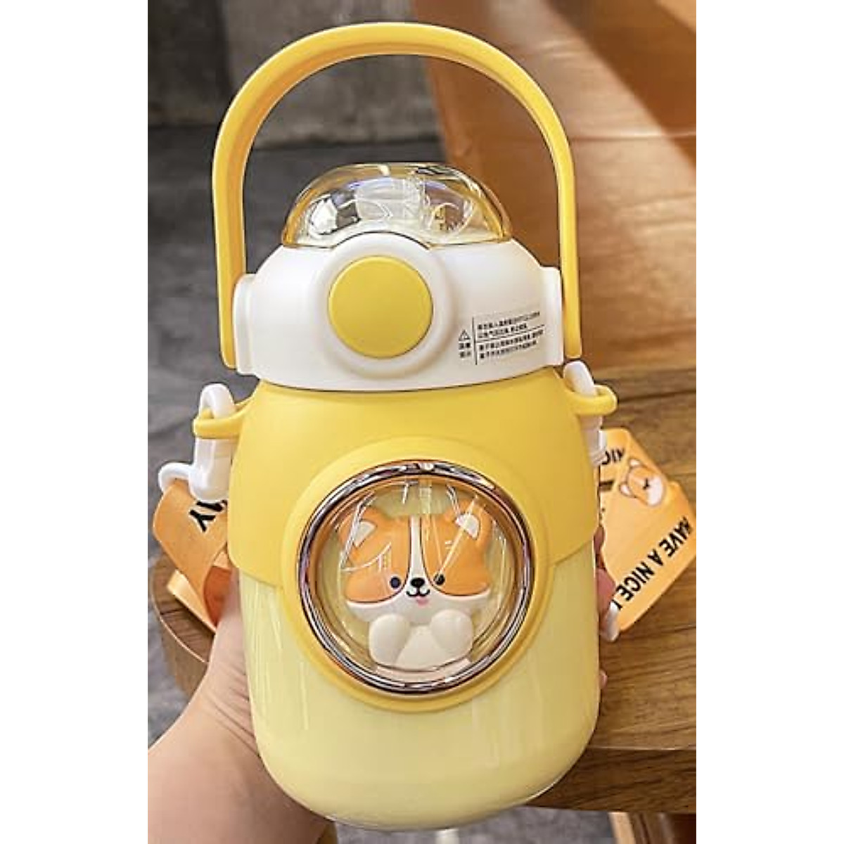 Large Capacity Cartoon Prints Water Bottle with Straw Lid Women Tumblers with Shoulder Strap Stainless Steel Thermal Cup (Yellow 23.6oz)