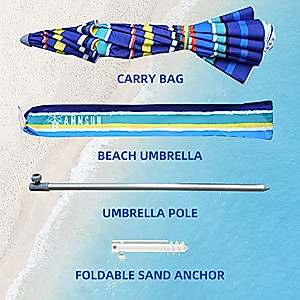 AMMSUN 7ft Heavy Duty High Wind Beach Umbrella with Sand Anchor & Tilt Sun Shelter UV 50+ Protection Outdoor Sunshade Umbrellas Carry Bag for Patio Garden Pool Backyard Multicolor Stripe