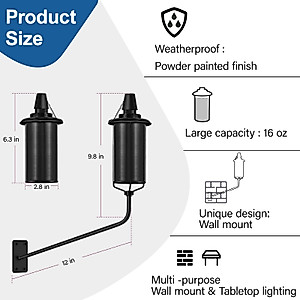 FAN-Torches Wall Mounted Citronella Torches Set of 6, 16 oz Garden Torches for Outside, Refillable Flame Light Torch, Outdoor Metal Torch for Yard, Patio, Deck, Garden, Party, Landscape