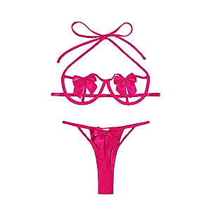 SOLY HUX Women's Two Piece Underwire Lingerie Set Bow Knot Cut Out Halter Bra and Panty Sleepwear Pure Hot Pink S