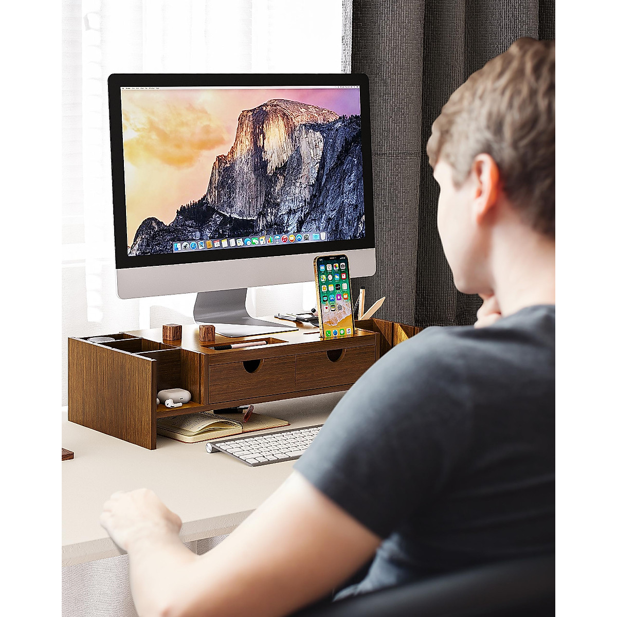 Crestlive Products Monitor Stand Riser, Bamboo Computer Desk Organizer with Adjustable Storage Drawers Laptop Cellphone TV Printer Stand, Antique Brown