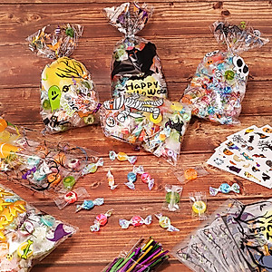 Halloween Candy Bags Treats Bags, 200 PCS Halloween Cellophane Bags for Kids Treat or Trick Party Supplies, 8 Styles Halloween Goodies Bags Gift Bags with Tattoo Stickers for Halloween Party Favors