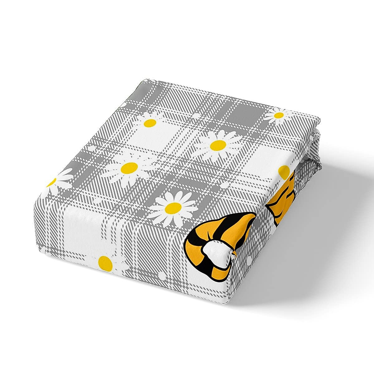 Erosebridal Funny Gnome Duvet Cover Queen Spring Bee Gnome Sunflower Bedding Set for Girls Teens White Daisy Floral On Grey White Checked Comforter Cover Honeycomb Grass Room Decor Quilt Cover
