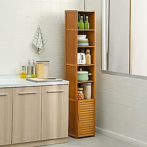 MoNiBloom Tall 7 Tier Bookcase with Door, Bamboo Freestanding Display Storage Cabinet Shelves Collection Decor Furniture for Home Living Room Bedroom, Brown