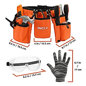 INCLY 18PCS Kid Hand Tool Set, Boy Builder's Tool Set with Real Hand Tools, Kids Tool Belt Waist 20"-32", Toddlers Learning Tool Kit Hammer Screwdriver Plier for Home DIY Woodworking Play