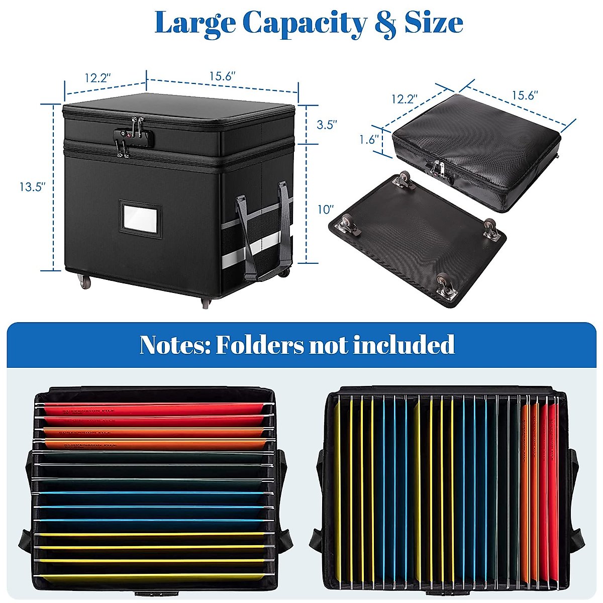 Fireproof Document Box with Lock, 2 Layer File Organizer Box with Wheels, Collapsible Safe File Box Document Organizer for Home Office,Rolling File Cabinet for Hanging Letter/Legal Folder
