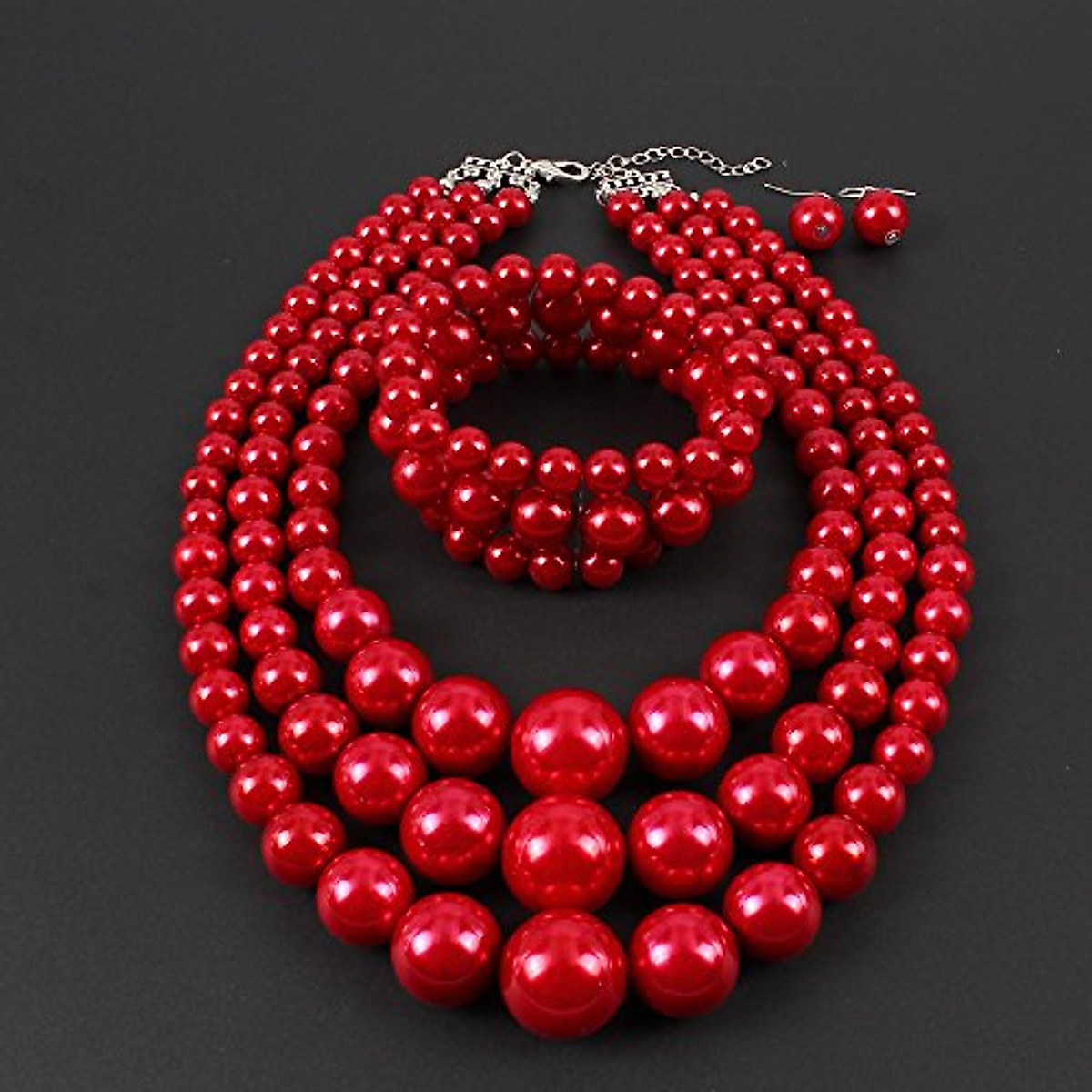 KOSMOS-LI Large Pearl Jewelry Set 3 Layer Simulated Red Pearl Women's Statement 18" Necklace Bracelet and Earrings