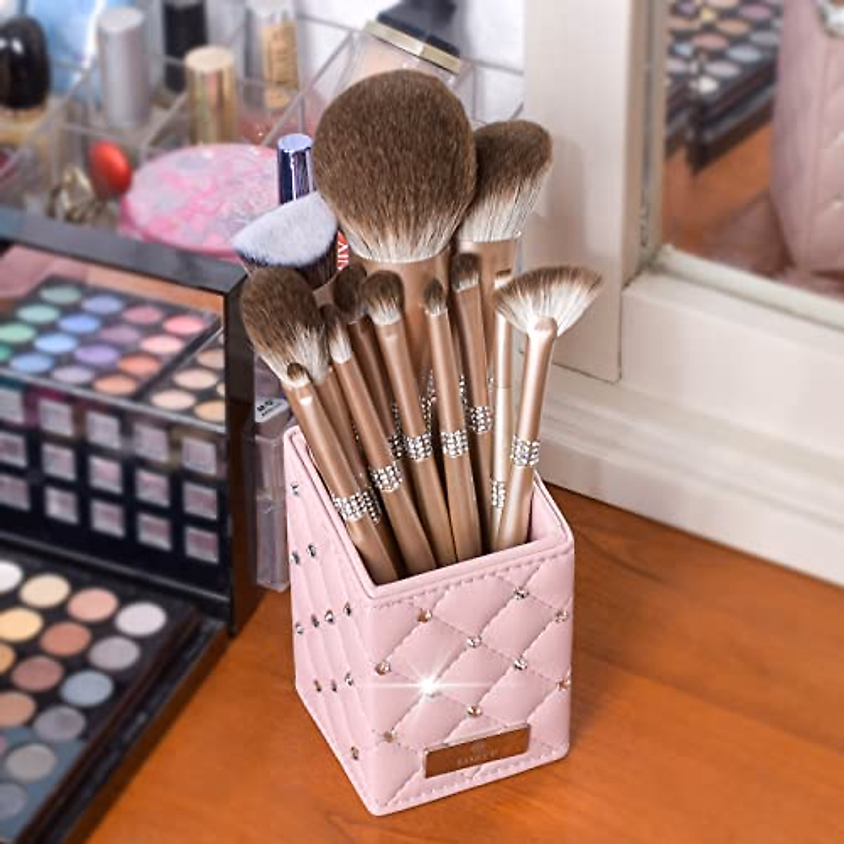 LORYP Makeup Brush Holder Crystal Brushes Cup Pink PU Make up Brush Case Bag Storage for Women