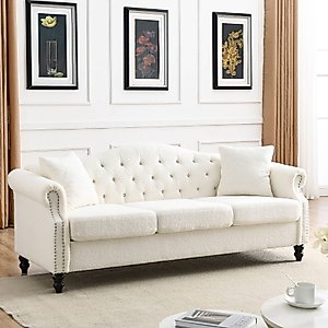 CALABASH 80" Chesterfield Sofa Teddy Tufted Couch with Two Pillows,3 Seater Sofa with Rolled Arms and Nailhead for Living Room, Bedroom, Office, Apartment(Teddy White, Sofa)