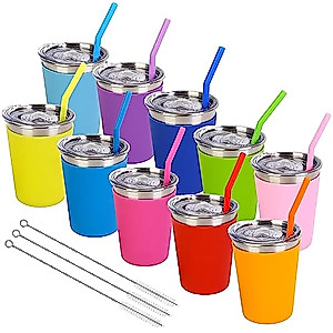 IEBIYO 10 Pack Kids Cups with Straws and Lids Spill Proof Toddlers Mugs with Colorful Silicone Sleeves Kids Stainless Steel Cups Smoothie Tumblers with Lids for Cold & Hot Drinks（12oz (10 Color)