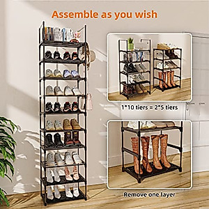 Antigo 10 Tier Tall Shoe Rack for Closet, Narrow Shoe Rack for Entryway, 20-24 Pairs Vertical Shoe Organizer Storage Space Saving,Metal Stackable Shoe Stand Shelf Shoe Tower with Hook Pp Gaskets