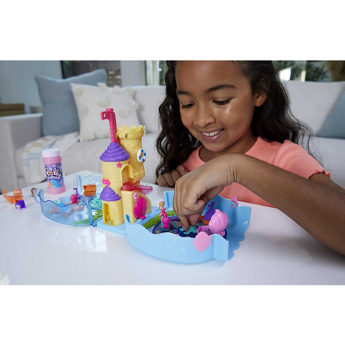 Polly Pocket Bubble Aquarium Playset with Polly & Mermaid Micro Dolls, 2 Bubble-Making Features, Bubble Solution & 18 Accessories, Pop & Swap Pieces