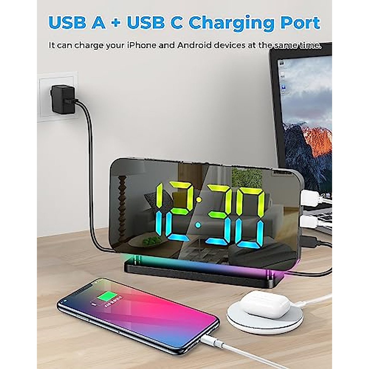 SZELAM Alarm Clock for Heavy Sleepers Adults,7.4” Digital Clocks Large Display,with USB C Port,RGB Night Light,5 Levels Volume,Auto Dimmer,LED Desk Clock for Bedroom Decor - Black