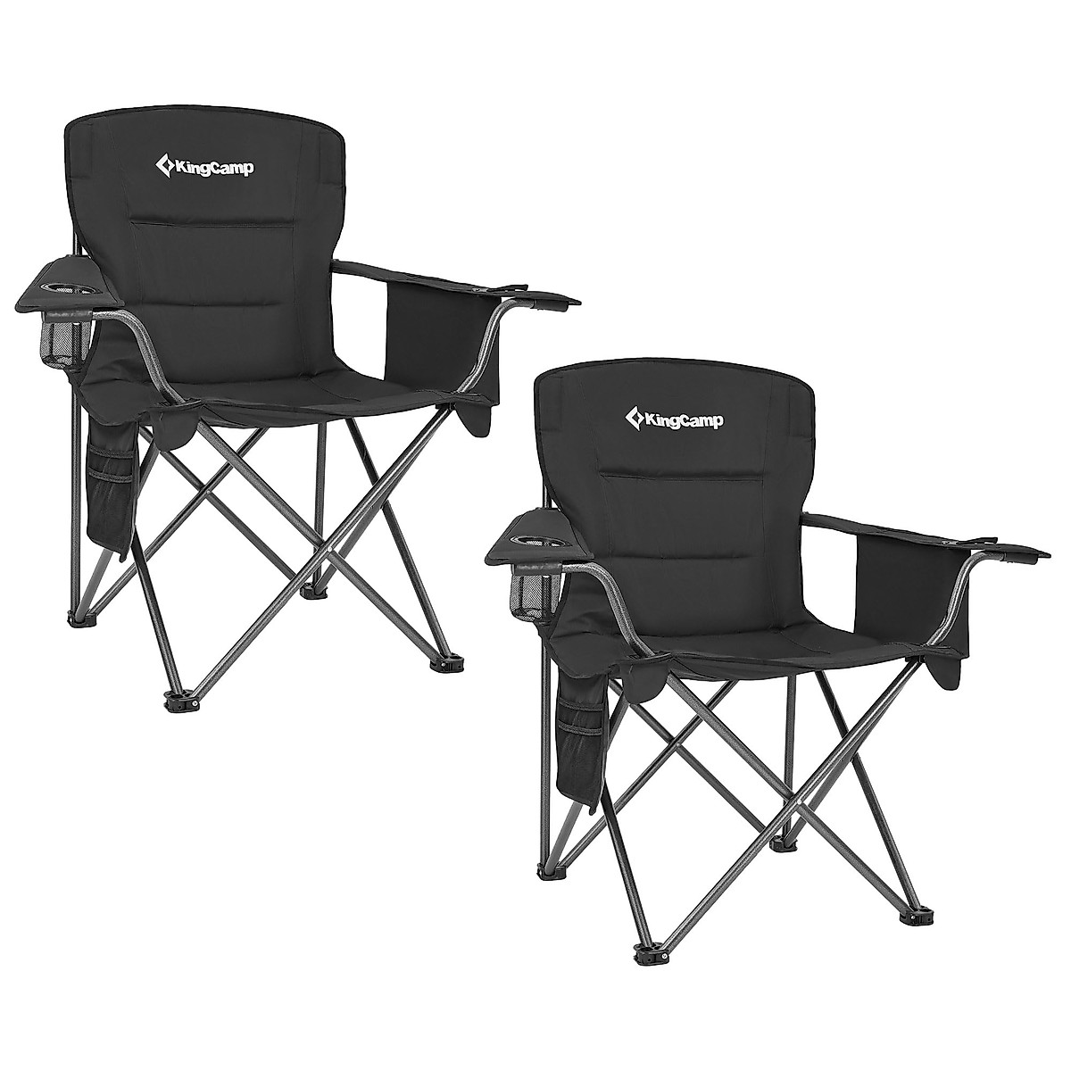KingCamp Padded Folding Lounge Chairs with Built in Cupholder, Insulated Cooler Sleeve, and Side Storage Pocket for Indoor and Outdoors, 2 Pack, Black