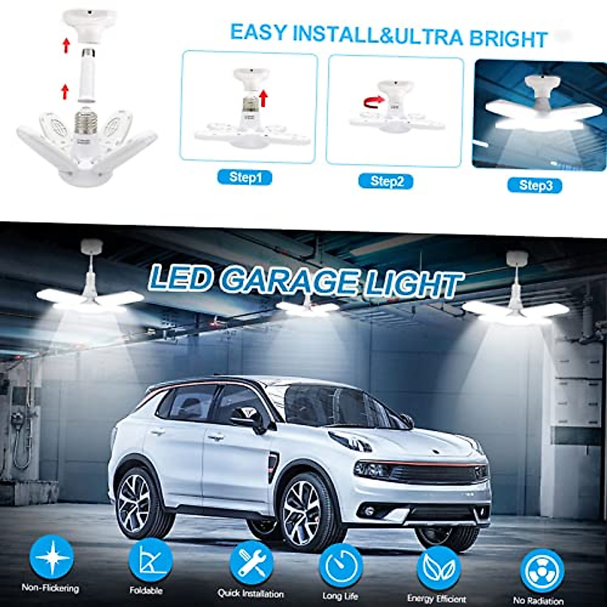 Gawany 1 Pack Mini LED Garage Light, 38W Deformable LED Garage Ceiling Lights with 4 Adjustable Panels, 6000LM 6500K E27/E26 LED Shop Lights for Garages, Workshop,Indoor, Outdoor White 256bu