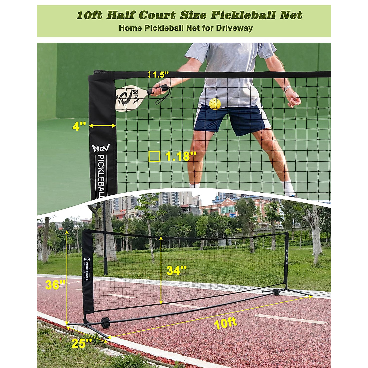 NQV Pickleball Set with Net,10FT Half Court Size Pickleball Net Portable Outdoor Indoor Driveway Home+4 Wood Paddles+4 Pickle Balls+4 Ball Retrievers, Pickleball Set for Adults Kids Beginners Pros