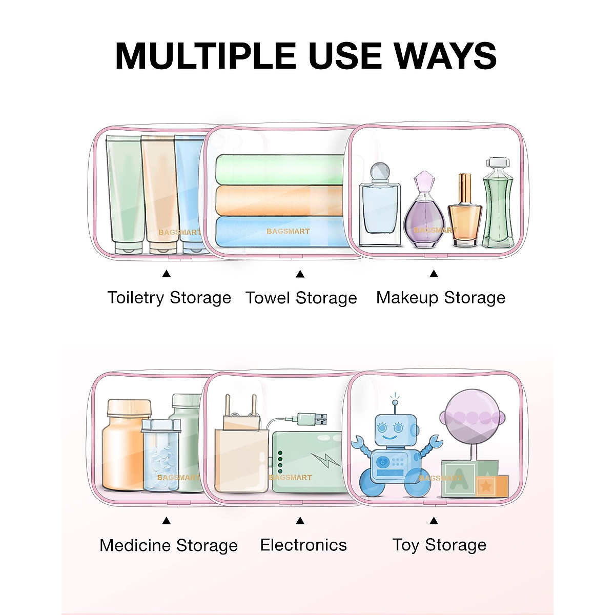 BAGSMART Clear Toiletry Bag, 2 Packs TSA Approved Water resistant Quart Size Travel Organizer, Airport Airline Travel Essential Carry On Makeup Cosmetic Bags for Women, Pink