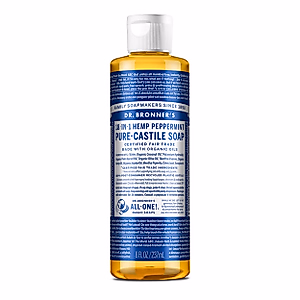 Dr. Bronner's - Pure-Castile Liquid Soap (Peppermint, 8 Ounce) - Made with Organic Oils, 18-in-1 Uses: Face, Body, Hair, Laundry, Pets and Dishes, Concentrated, Vegan, Non-GMO