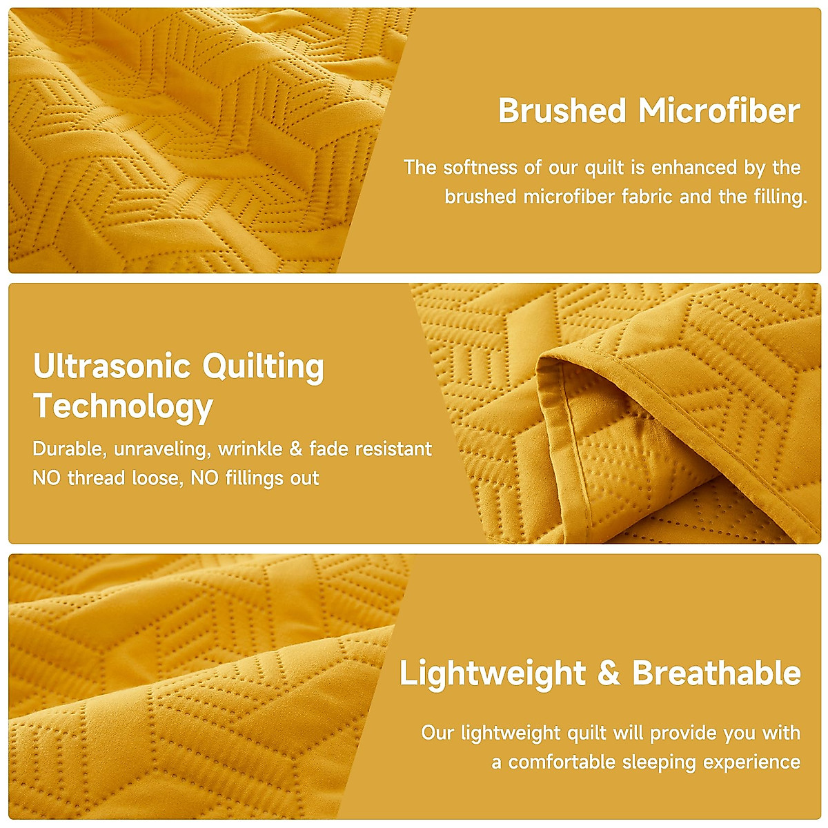 Lavsiry Mustard Yellow Quilt Full/Queen Size Bedding Set, Summer Thin Microfiber Quilted Bedspread & Coverlet, Soft Lightweight Comforter for All Seasons - 3 Piece(1 Quilt, 2 Pillow Shams)