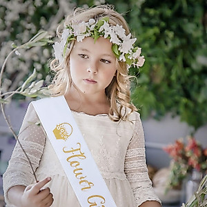 Flower Girl Sash - Cute White & Gold Girls sash for Wedding | Fits ages 1 to 10 years old | Bridal Shower Party Proposal Bridesmaids Set Decorations Supplies Favors Gifts Accessories Gift Favor Decor