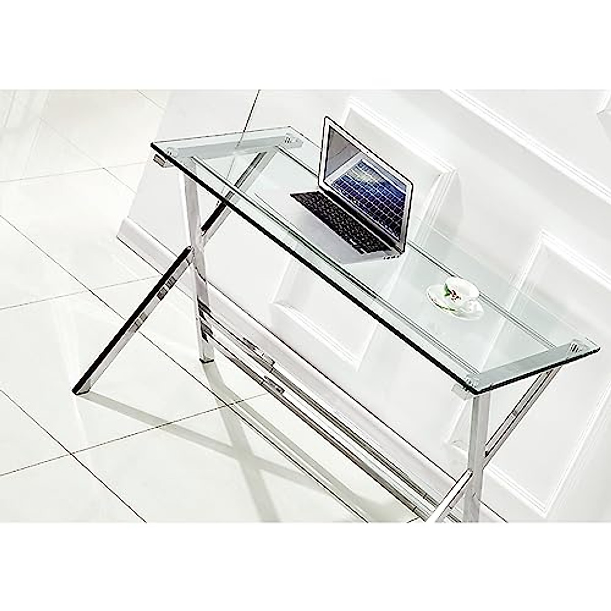 SMARTIK Modern Glass Computer Desk, Clear Study Table - Gaming Desks, Study Desk, and Workstation Table for Small Spaces - Stainless Steel Frame 43.5" x 21.7" x 29.9"