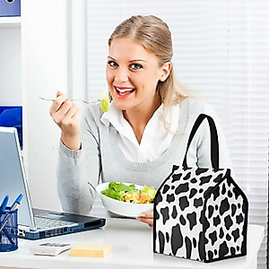 Reusable Lunch Bag Black and White Cow Print Insulated Lunch Box Lunch Tote with Aluminum Foil, Handbag for Office School Kids Teen