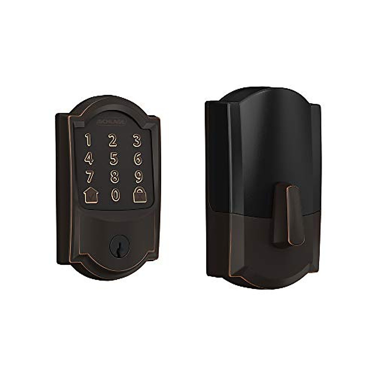 Schlage Encode Smart Wi-Fi Deadbolt with Camelot Trim in Aged Bronze & Schlage FE285 CAM 716 Acc LH Camelot Front Entry Handleset with Left-Handed Accent Lever, Lower Half Grip, Aged Bronze