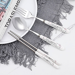 G-Ahora Kitty Portable Camp Reusable Flatware Kitty Cat Travel Utensils Case with Stainless Steel Fork Spoon Chopsticks(SCF-KT)