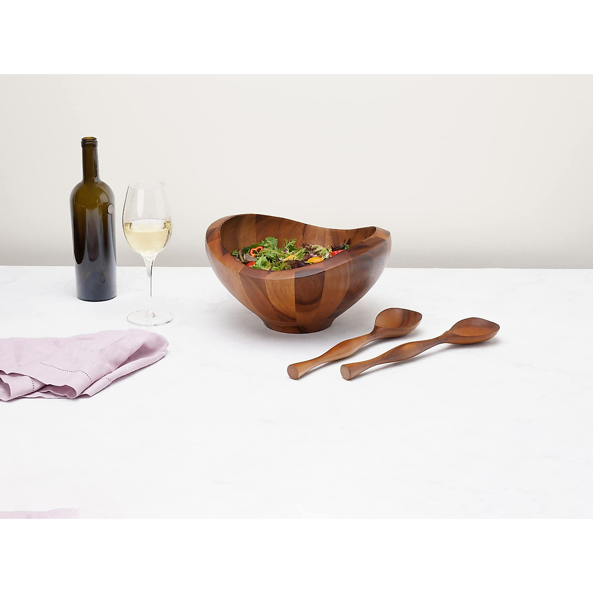 nambe Bella Salad Bowl with Servers | 3 Piece Wooden Salad Bowl Set with Serving Utensils | Acacia Wood Salad Tosser and Fruit Bowl | Housewarming Gift with Gift Box
