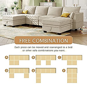 YUNLife&Home U-Shaped Oversized Modular Sectional Sofa,Convertible Sleeper Couch Bed with Reversible Chaise Lounge,Upholstered Tufted Cushion 6-Seat Sofá&Couches for Living Room Furniture Set