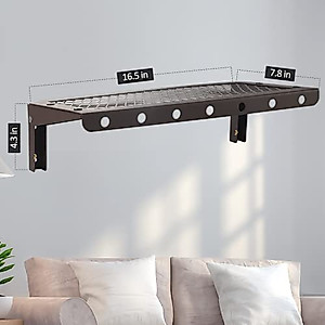 Sedesbon Floating Shelves Set of 2, Metal Shelves, Wall Mounted Shelves, Metal Panels, Folding, for Living Room, Kitchen, Bathroom, Garage, Brown with Hooks.