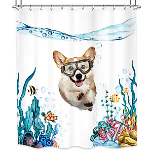 LGhtyro Funny Dog Shower Curtain Bathroom Set 60Wx71H Inches Hilarious Swimming Dog Blue Sea Ocean Bath Accessories Nautical Cute Lovely Corgi Fish Turtle Animal Art Home Decor Fabric 12 Pack Hooks