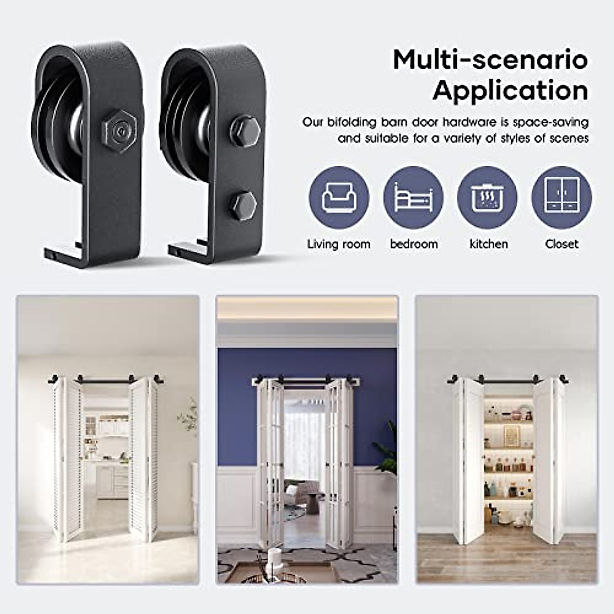 FINOSEN 46 inch Bifold Barn Door Hardware Track Kit for Two 21 inch Closet Doors,Top Mount Sliding System,Heavy Duty Roller,Smoothly and Quietly,Black(Bifold Door Not Included)