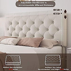 Queen Bed Frame with 4 Storage Drawers and Adjustable Headboard, Upholstered Platform Bed with Button Tufted Design, Strong Wooden Slats Support, No Box Spring Needed, Fabric, Cream