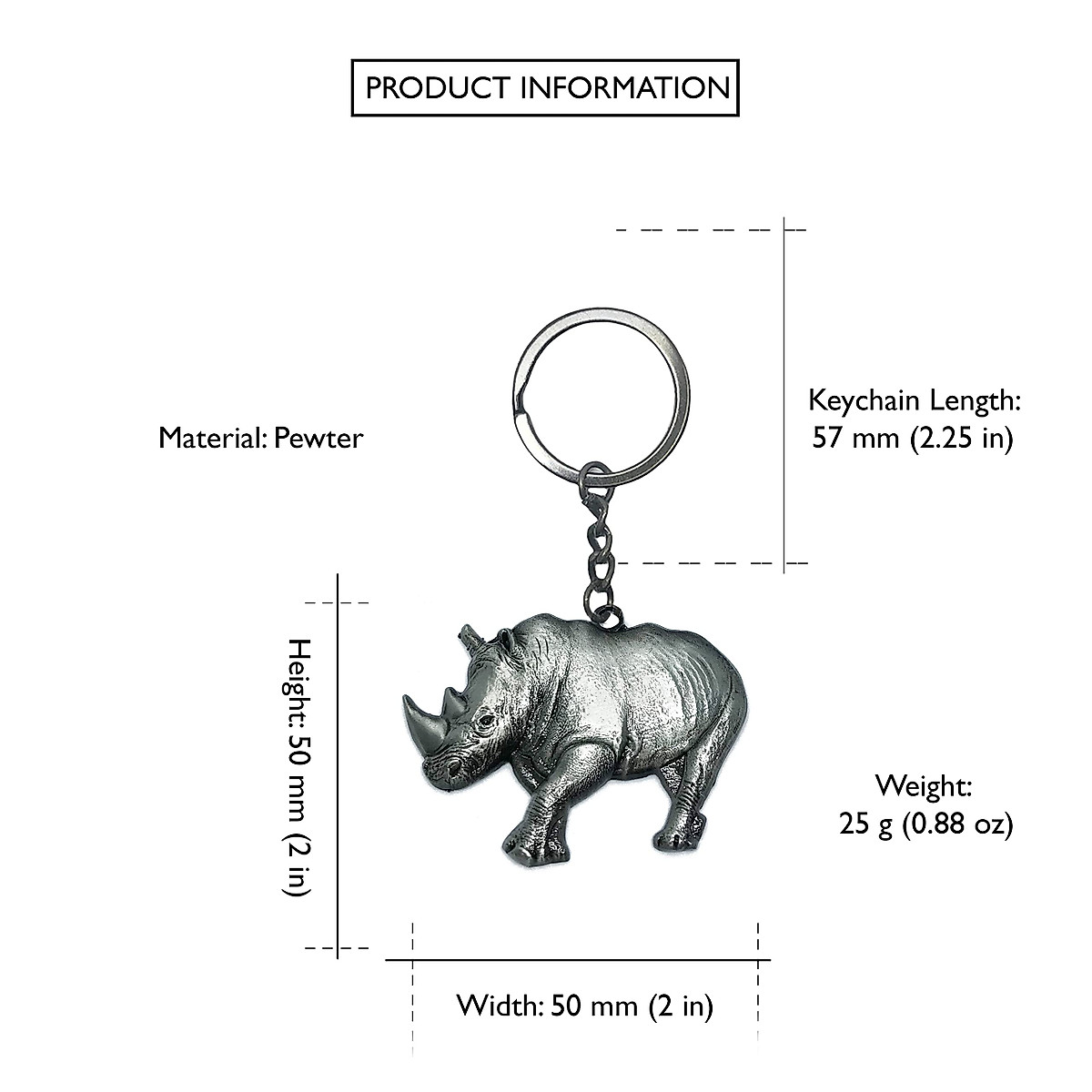 Sonoran Souvenirs RHINOCEROS Pewter Keychain - Good Luck Charm Rhino Decorative Safari Jungle Animals
