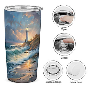 KIOWEIR Beautiful Seaside Lighthouse Stainless Steel Tumbler 20oz With Lid And Straw, Insulated Tumblers Coffee Cup, Travel Mug for Ice Drink & Hot Beverage for Women Men Boys Girls