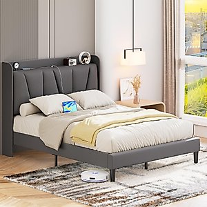 Origeture Full Size Bed Frame with USB & Type-C Ports, Full Platform Bed Frame with Wingback Storage Headboard, Linen Upholstered, Solid Wood Slats Support, Easy Assembly, No Box Spring Needed, Gray